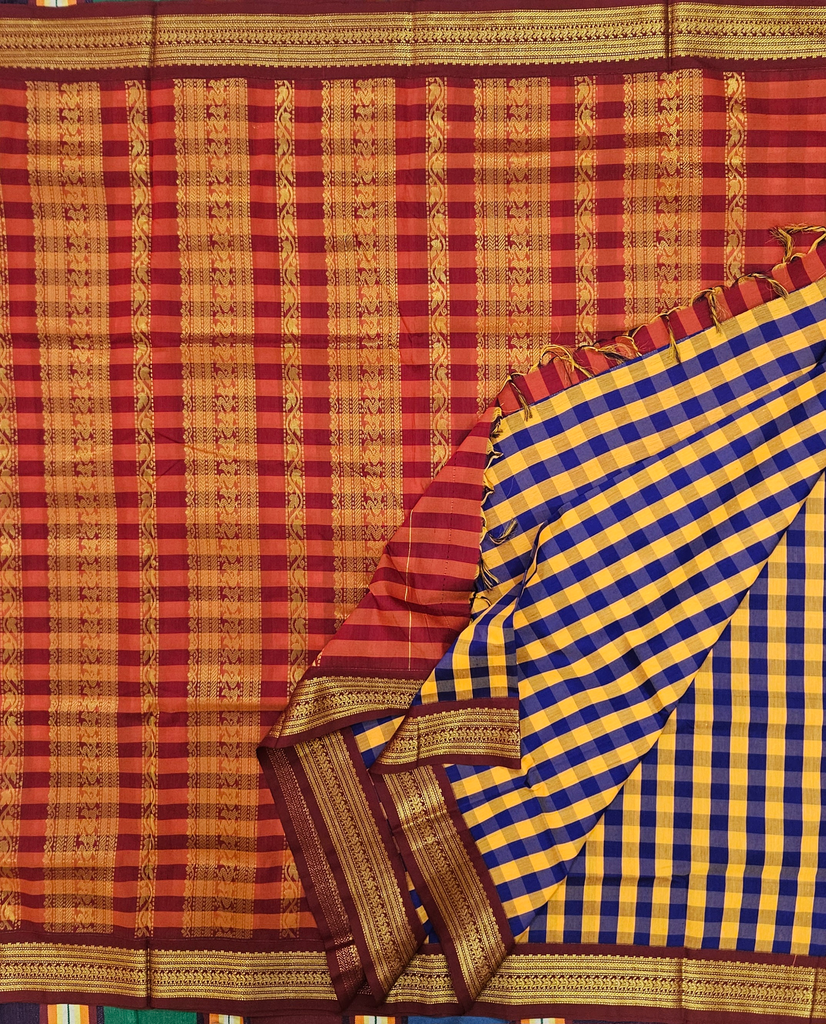 10 Yards Silk madisar saree Yellow Ink Blue grand border readymade